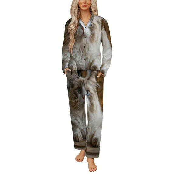 Cute Persian Cat Womens Pyjamas Set Button Up Pyjamas Womens with Long ...
