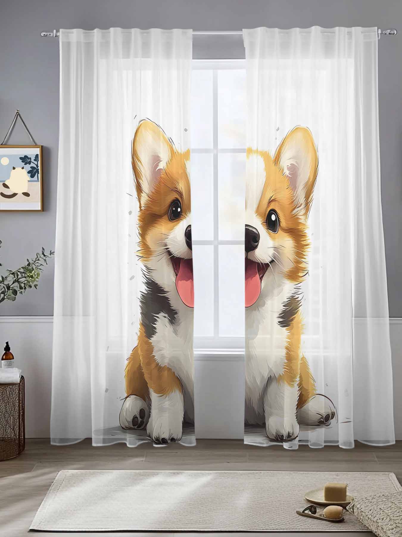 Cute Pet Puppy Sheer Curtains for Living Room Bedroom Modern Cartoon ...