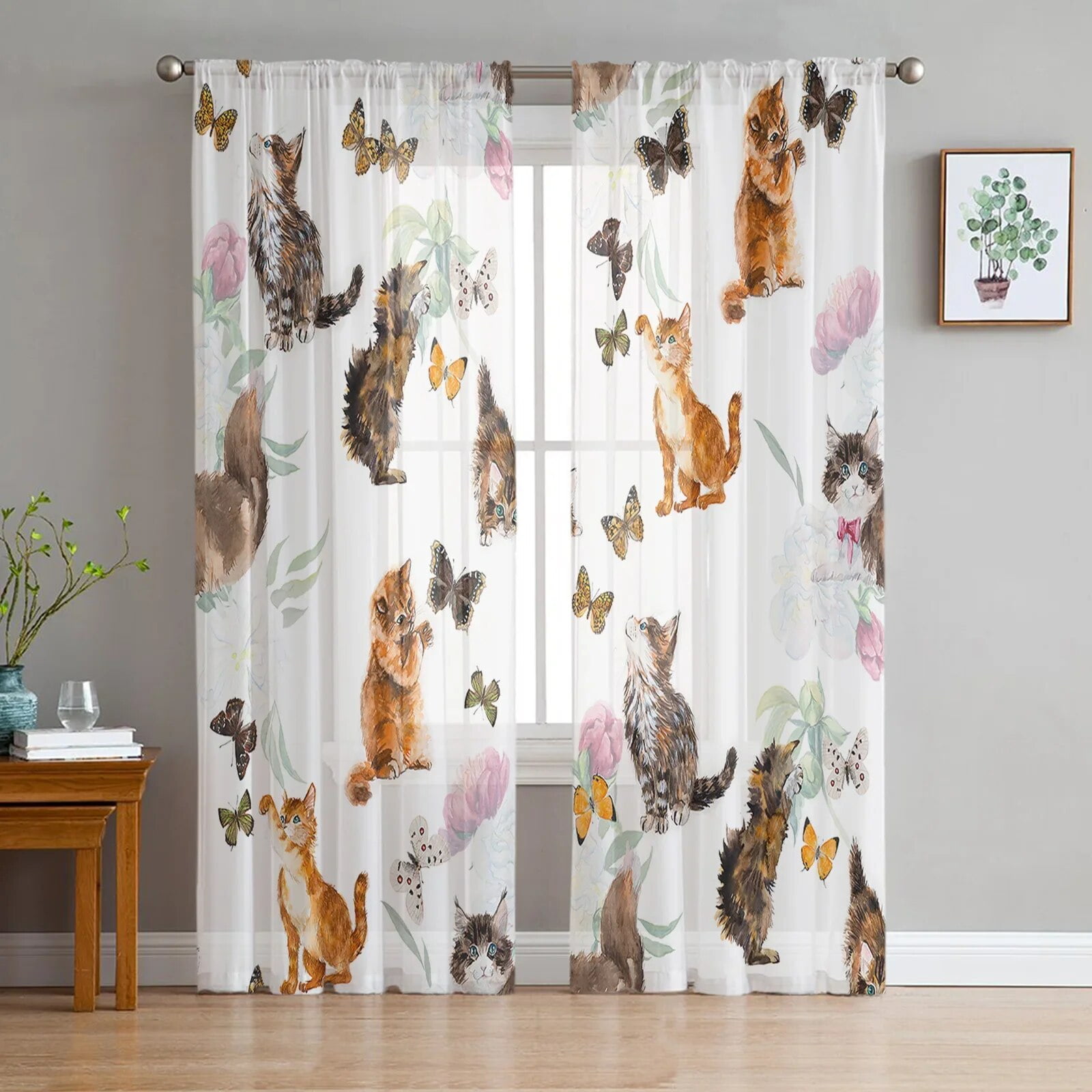 Cute Pets Cat Tulle Curtains for Living Room Printed Sheer Voile ...