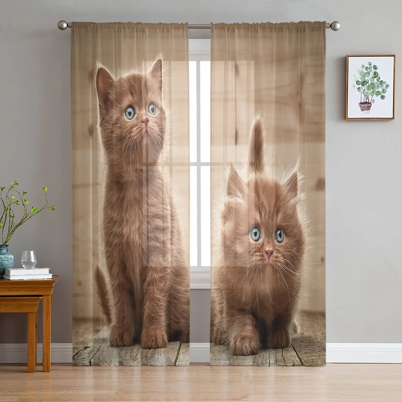 Cute Pets Cat Tulle Curtains for Living Room Printed Sheer Voile ...