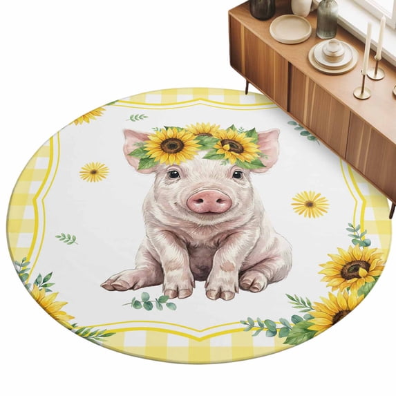 Cute Pig 6ft Non Slip Round Area Rug Sunflower Daisy Yellow Plaid ...