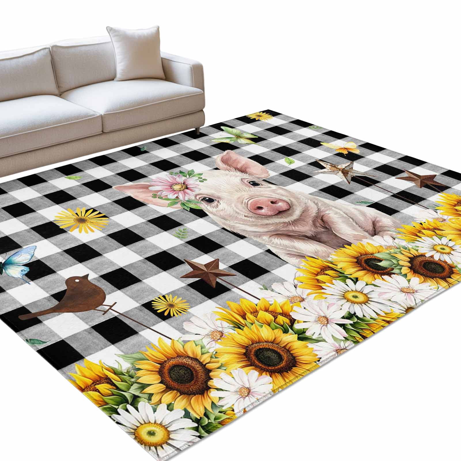Cute Pig 6x9ft Non Slip Area Rug Yellow Sunflower Daisy Black Plaid ...