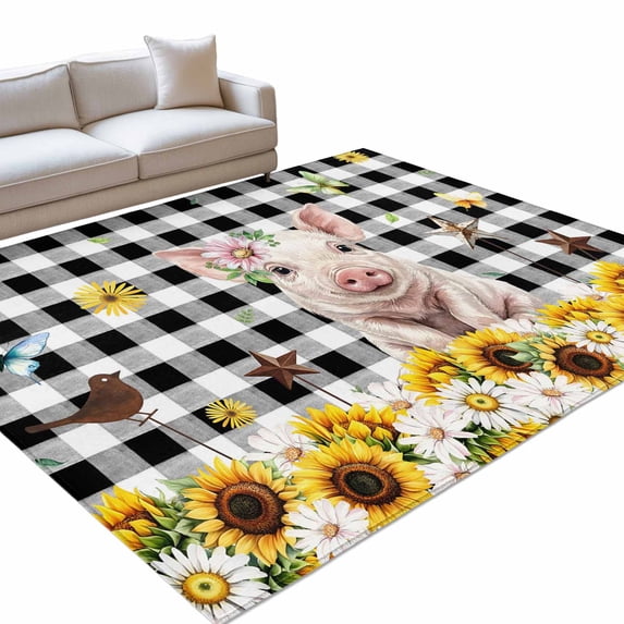 Cute Pig 6x9ft Non Slip Area Rug Yellow Sunflower Daisy Black Plaid ...