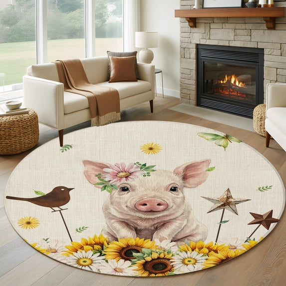 Cute Pig 8FT Round Area Rugs for Living Room Yellow Sunflower Daisy ...