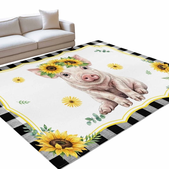 Cute Pig Area Rugs 4x6ft Yellow Sunflower Daisy Black Plaid Summer ...