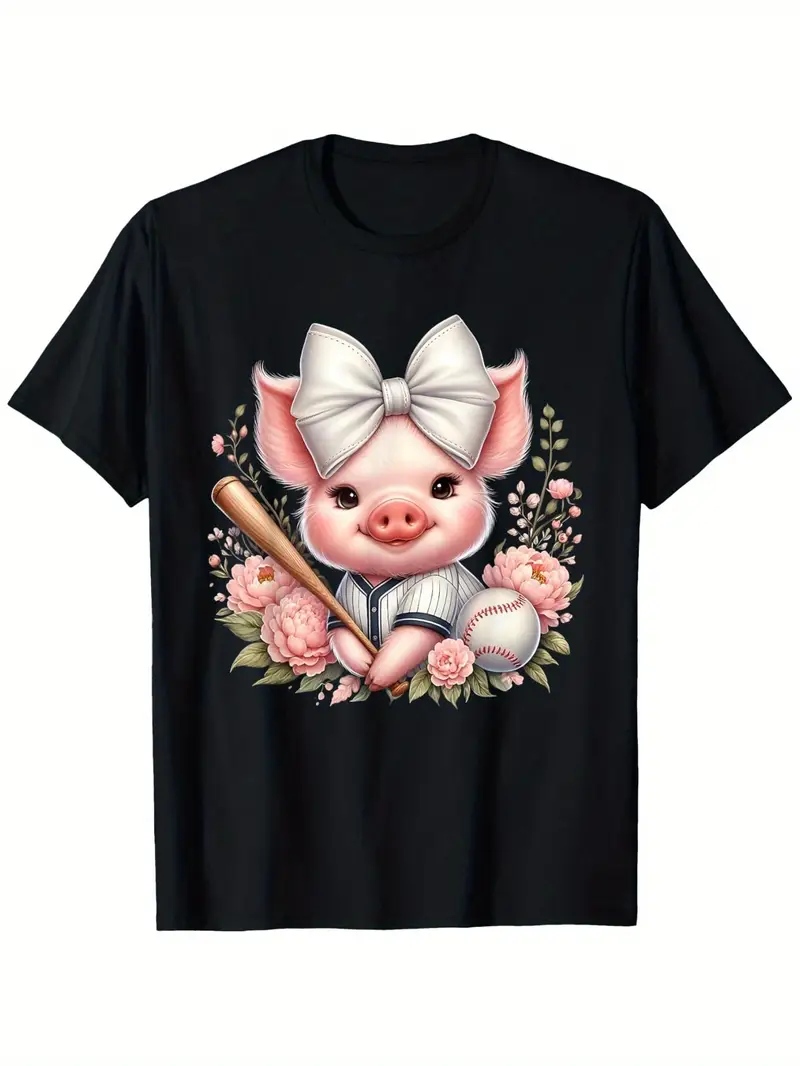Cute Pig Baseball Player White Coquette Bow Pig Lover T-Shirt Cute Pig ...