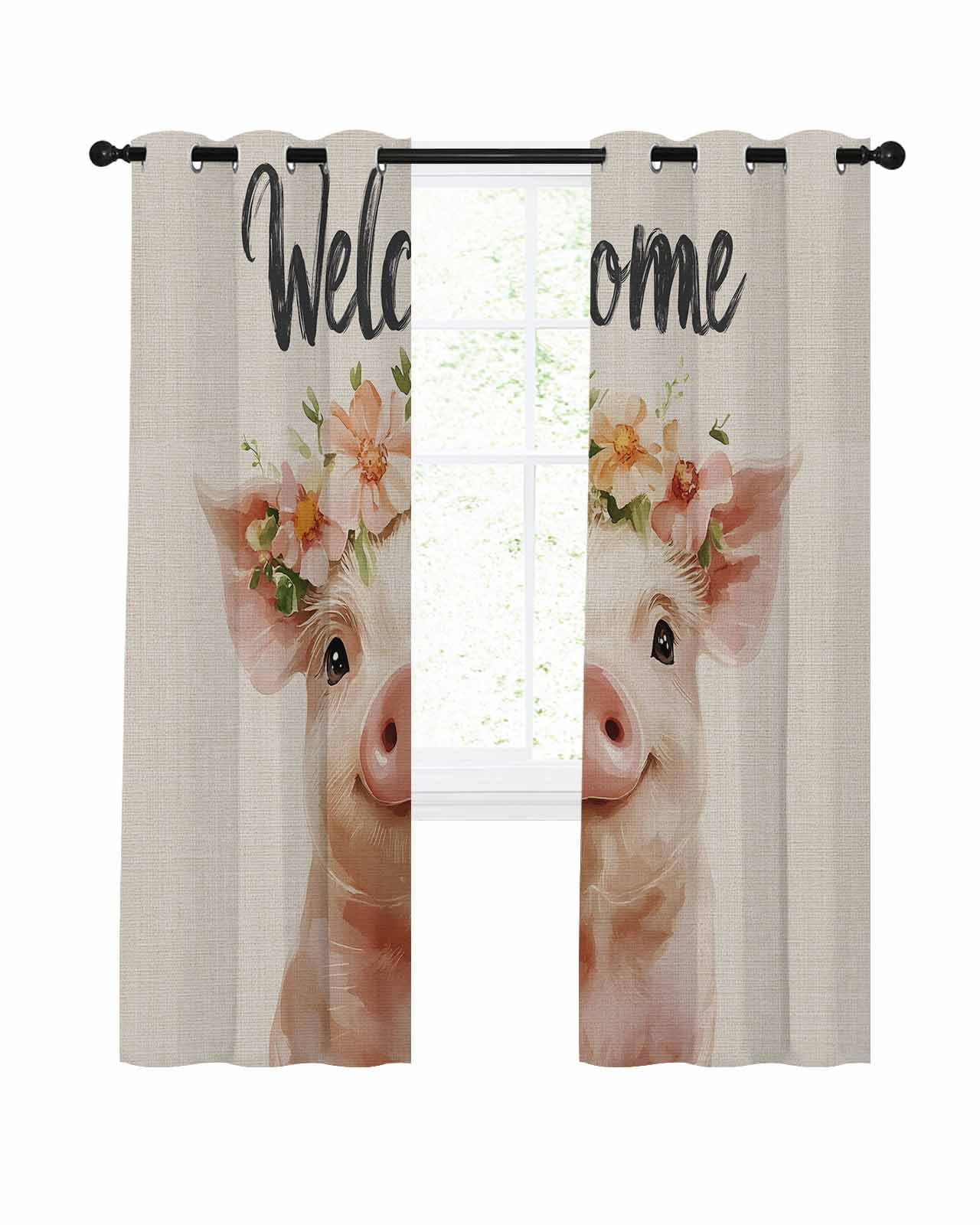 Cute Pig Blackout Curtains 96 Inch Length Welcome Thermal Insulated ...