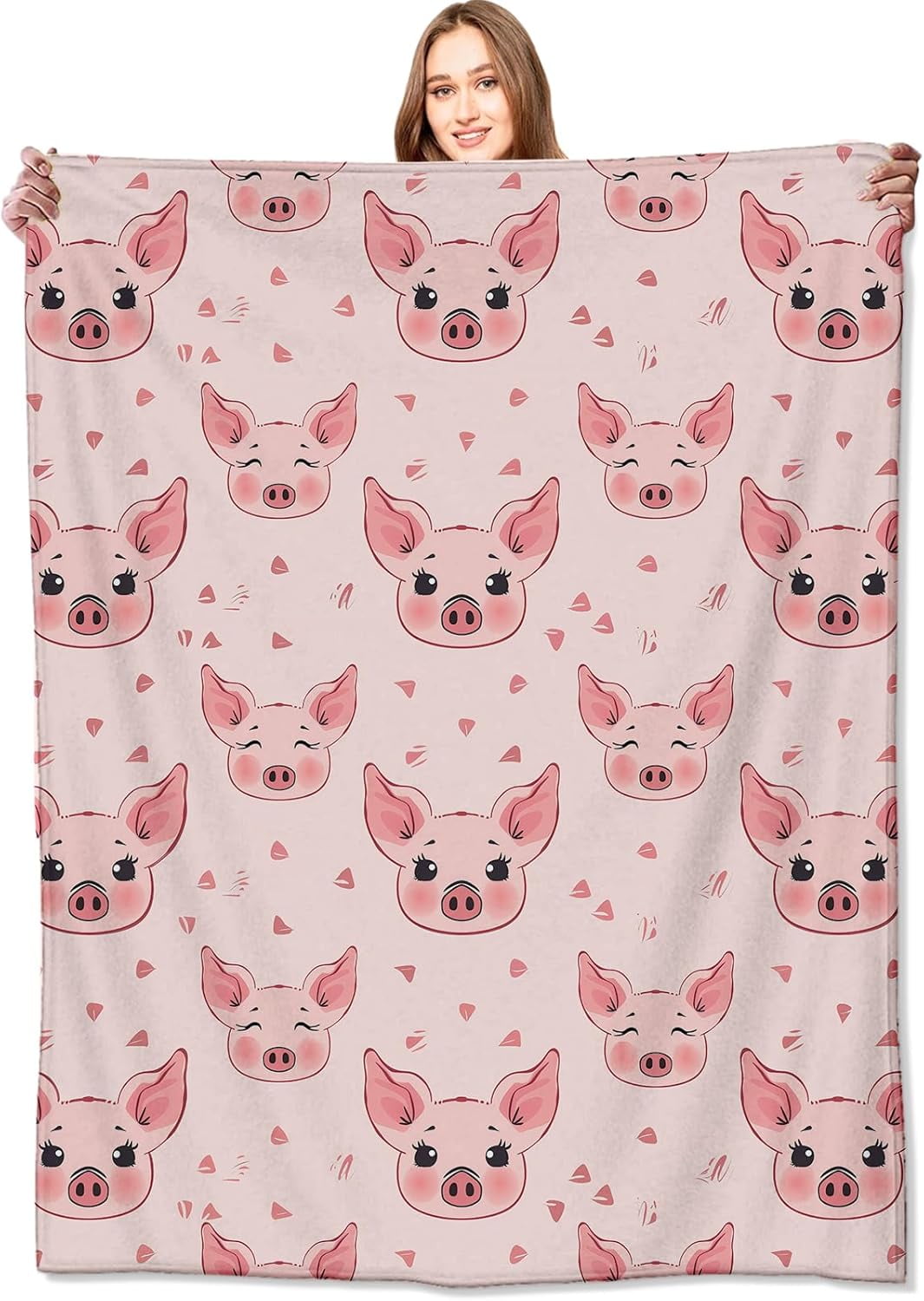 Cute Pig Blanket Sweet Pink Cartoon Piggy Face & Heart Blankets ...