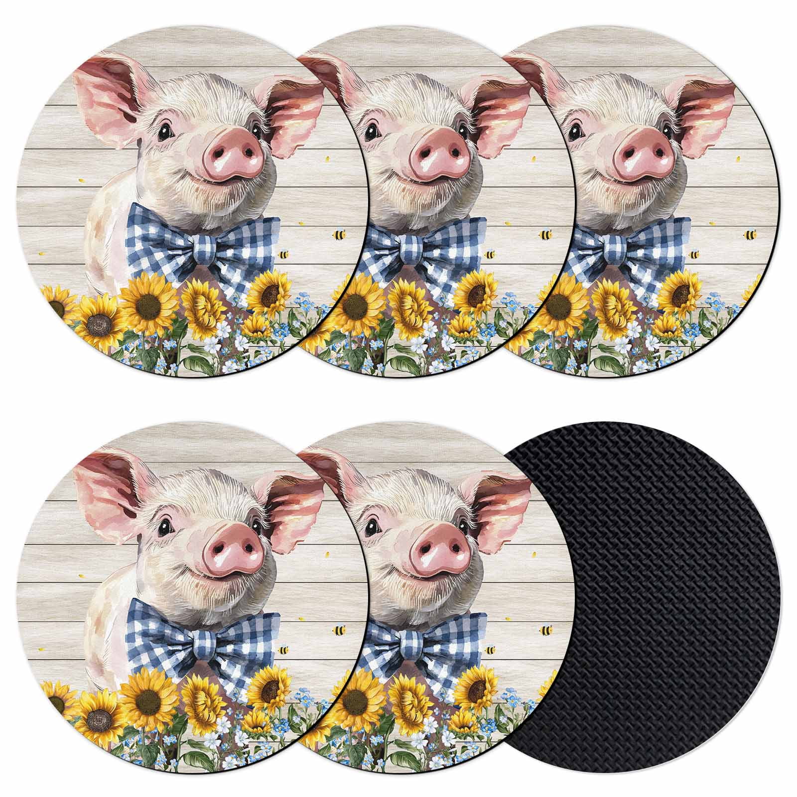 Cute Pig Coasters Set of 6, Absorbent Coasters for Drinks, Yellow ...