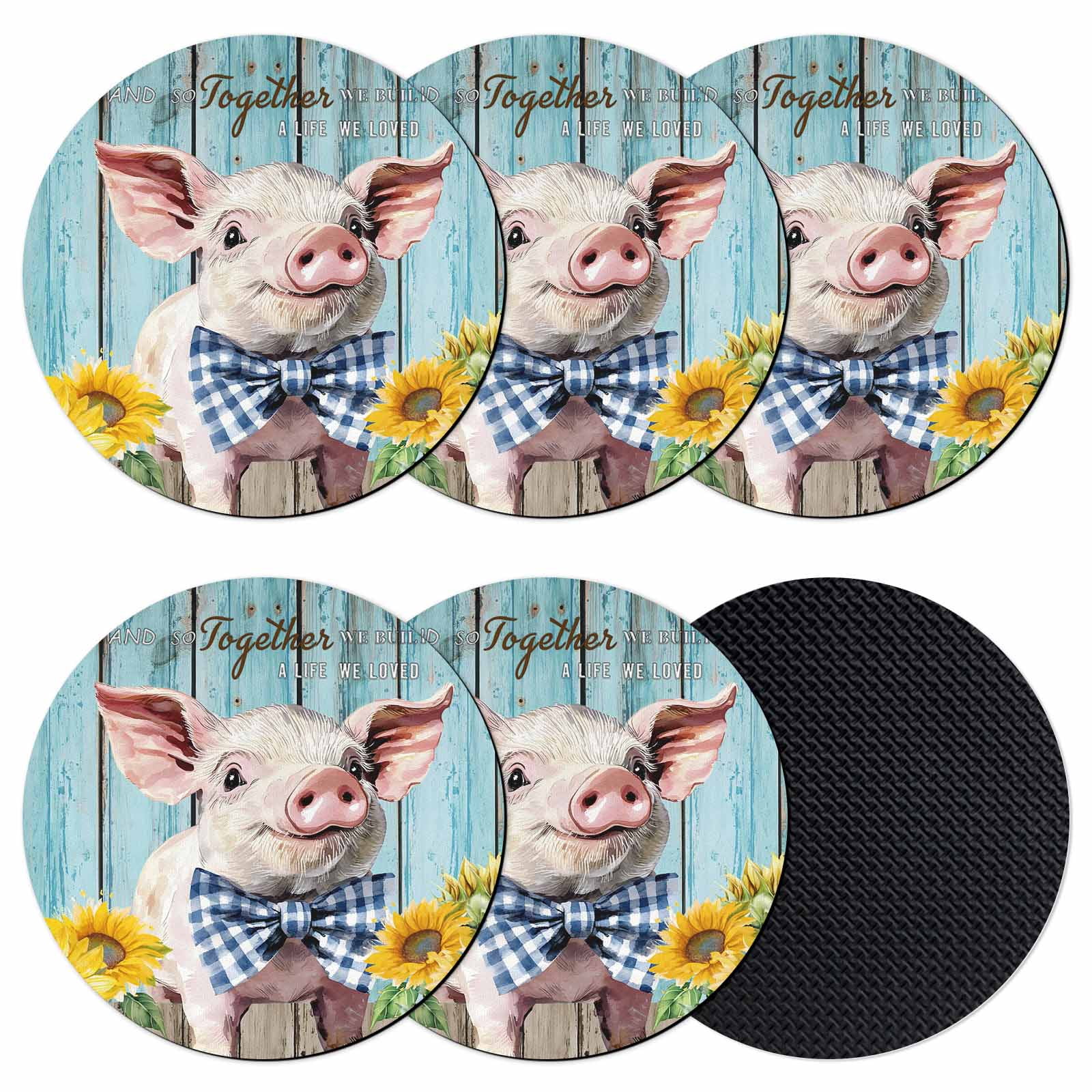 Cute Pig Coasters Set of 6, Absorbent Coasters for Drinks, Yellow ...