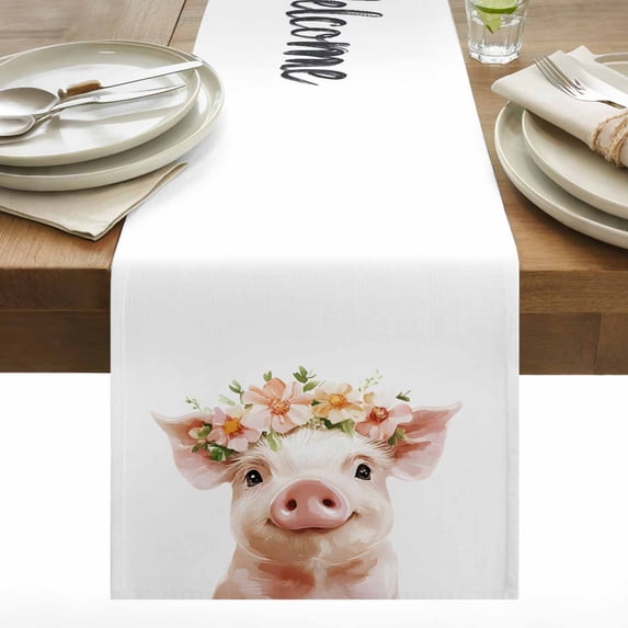 Cute Pig Cotton Linen Table Runner Welcome Dining Table Runners for ...