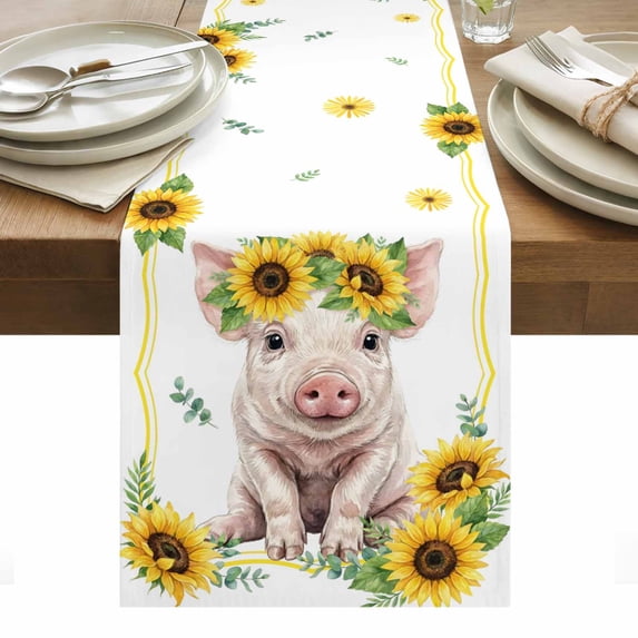 Cute Pig Cotton Linen Table Runner Yellow Sunflower Daisy Green Leaf ...