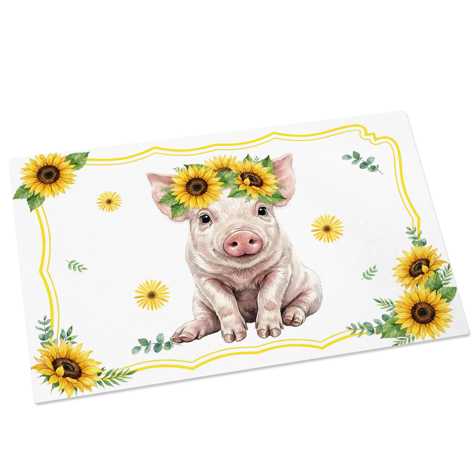 Cute Pig Door Mat 16x24 Inch Yellow Sunflower Daisy Green Leaf Farm ...