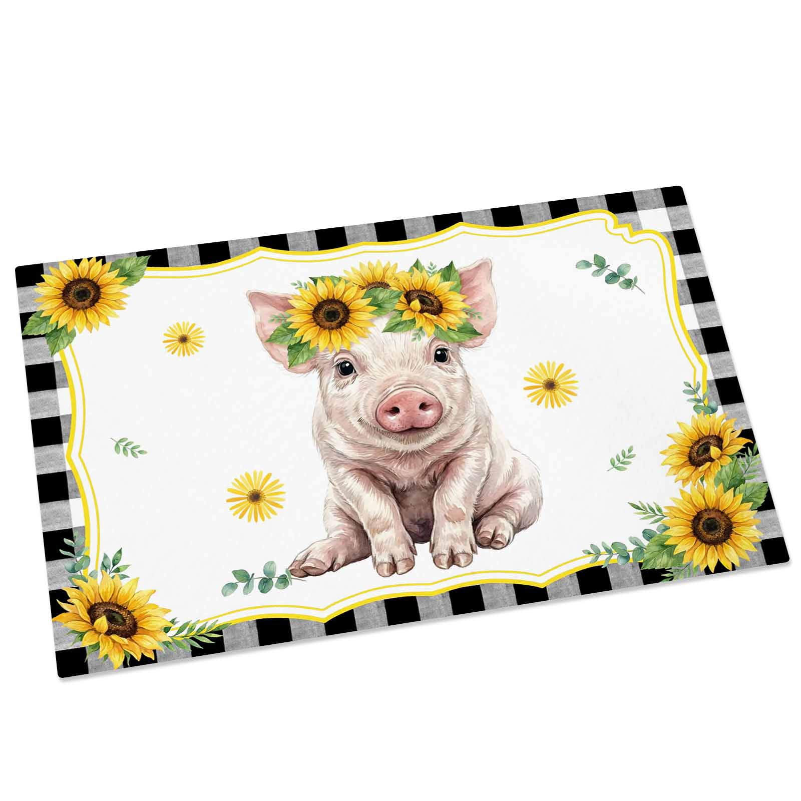Cute Pig Door Mat 20x31.5 Inch Yellow Sunflower Daisy Black Plaid ...