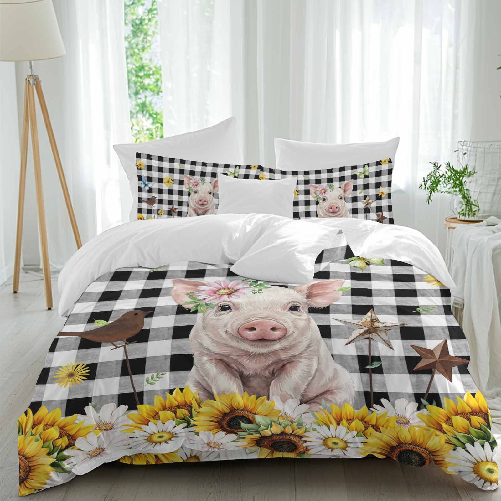 Cute Pig Duvet Cover Set Full Size, Yellow Sunflower Daisy Black Plaid ...