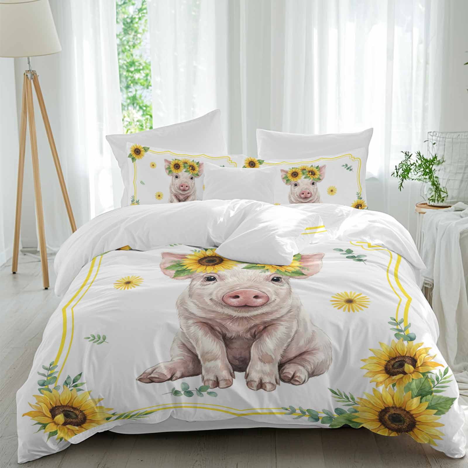 Cute Pig Duvet Cover Set Twin Size, Yellow Sunflower Daisy Green Leaf ...