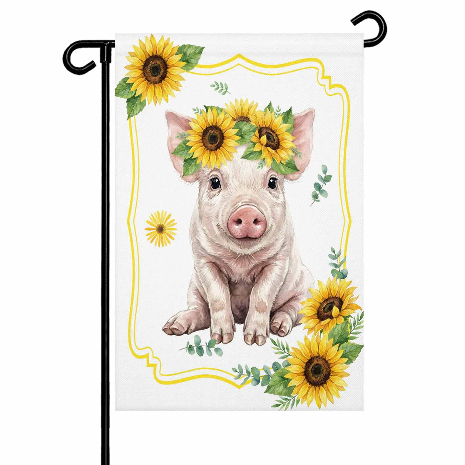 Cute Pig Garden Flag 28x40 Inch Yellow Sunflower Daisy Green Leaf Farm ...