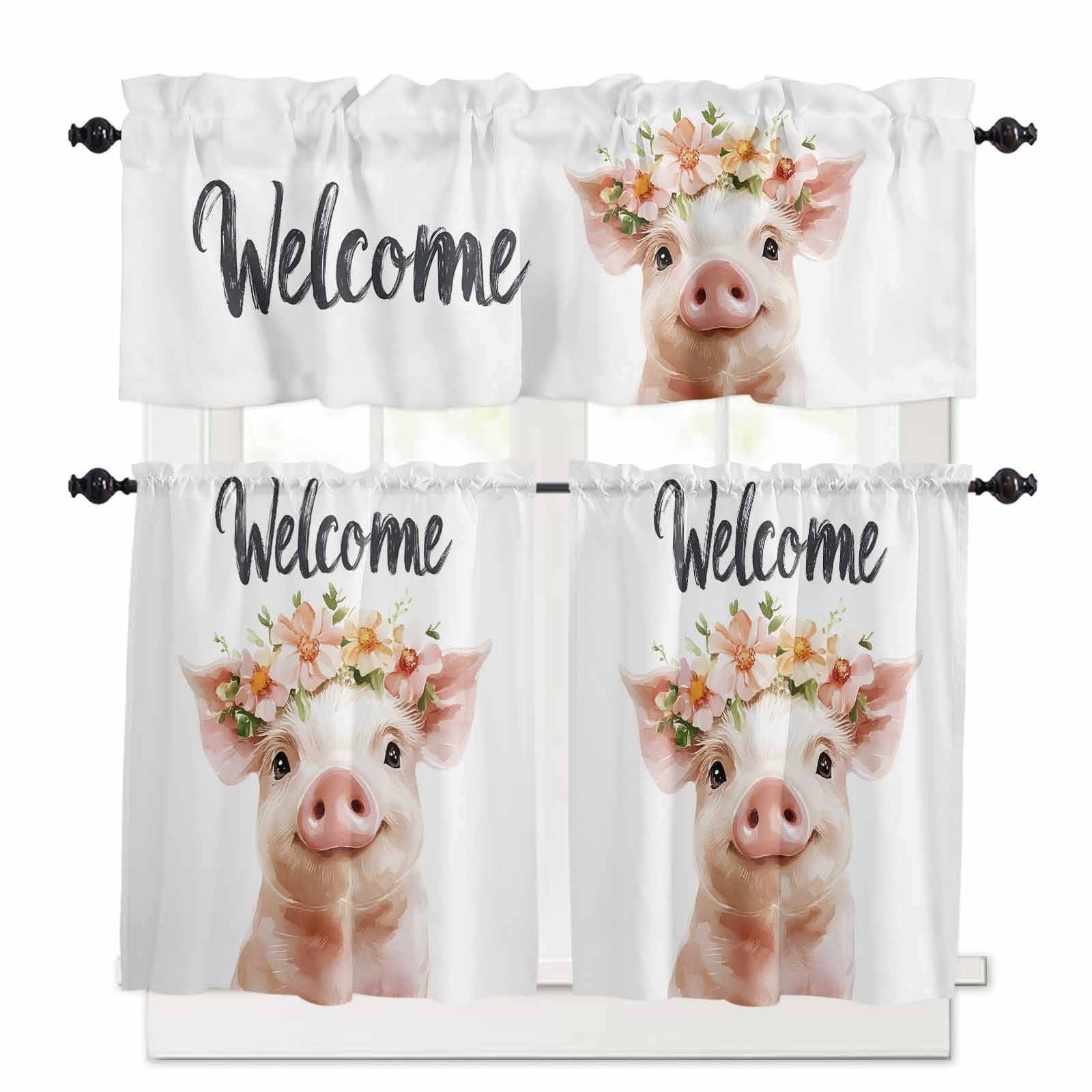 Cute Pig Kitchen Curtains Valances and Tiers Set of 3 Welcome Tier ...