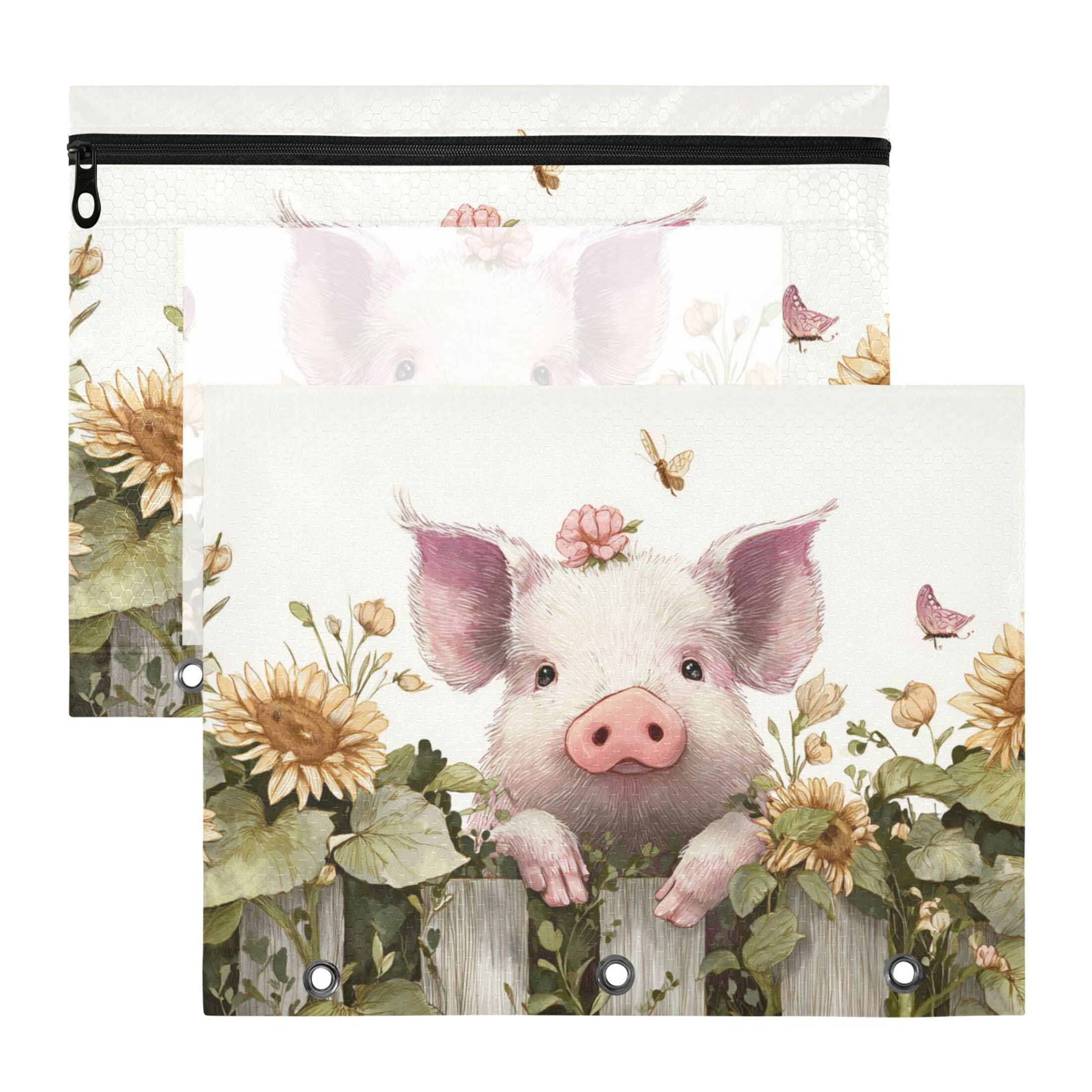 Cute Pig Lean on Fence Flowers 3-Ring Binder Pocket with Zipper Pencil ...