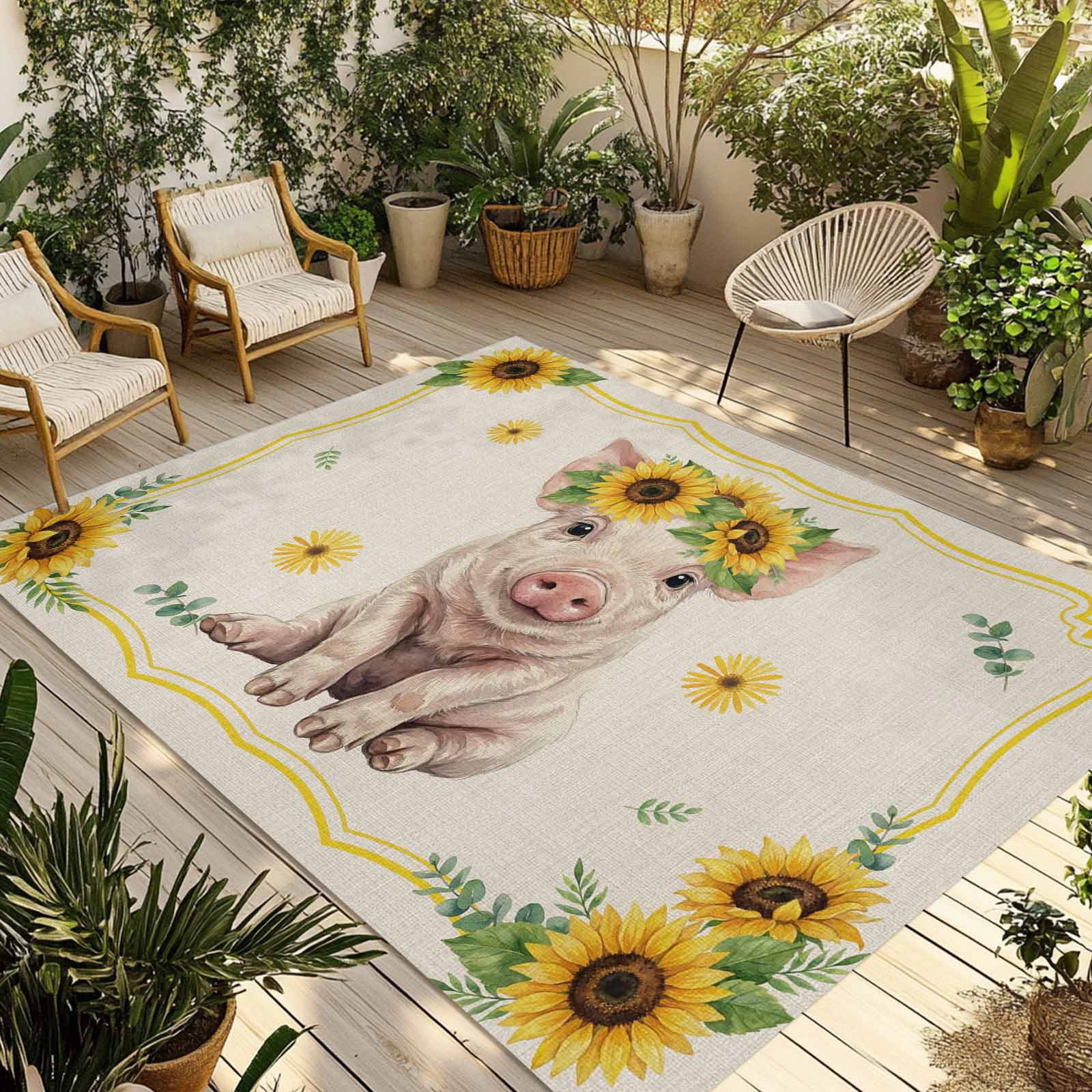 Cute Pig Outdoor Rug 4x6 ft Vintage Yellow Sunflower Daisy Linen ...