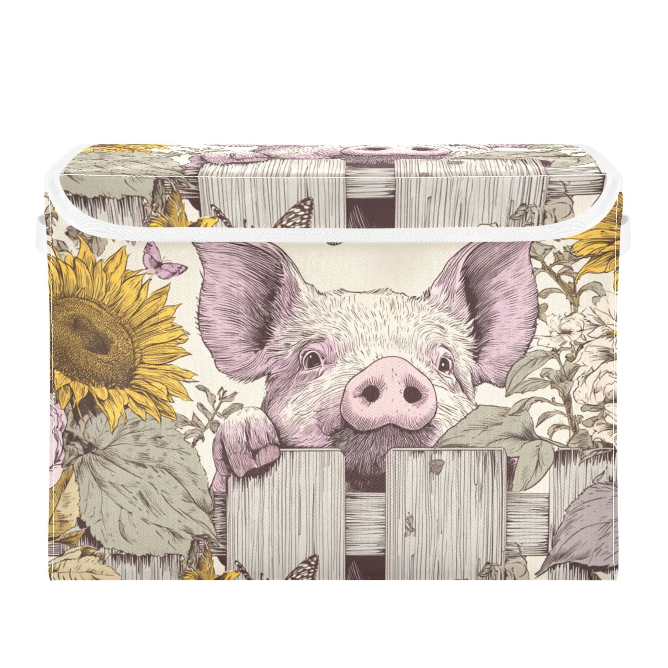 Cute Pig Peek over Behind Fence Flowers Foldable Storage Bins with Lids ...