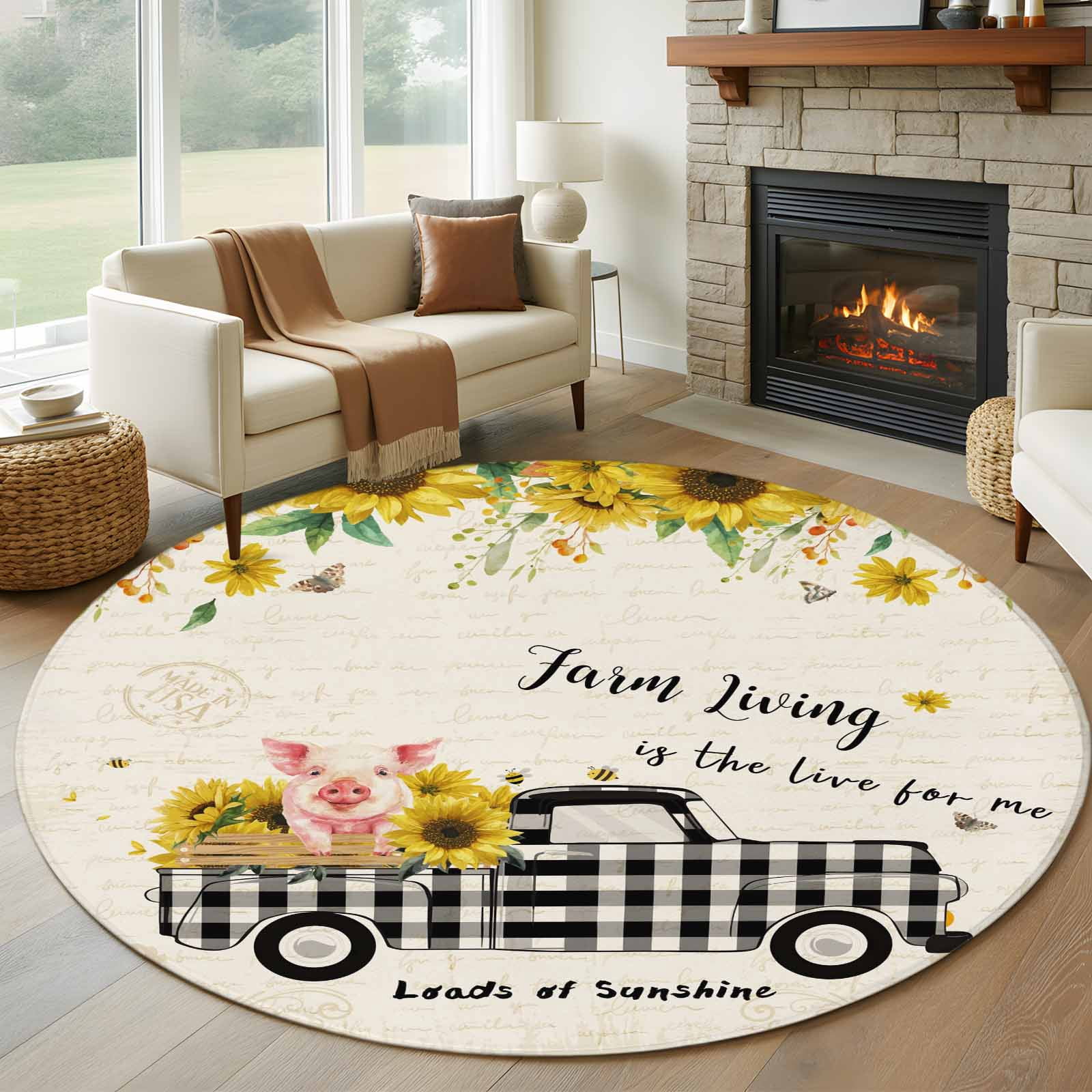 Cute Pig Round Rug 8ft Washable Circle Rugs Non Slip County Sunflowers ...