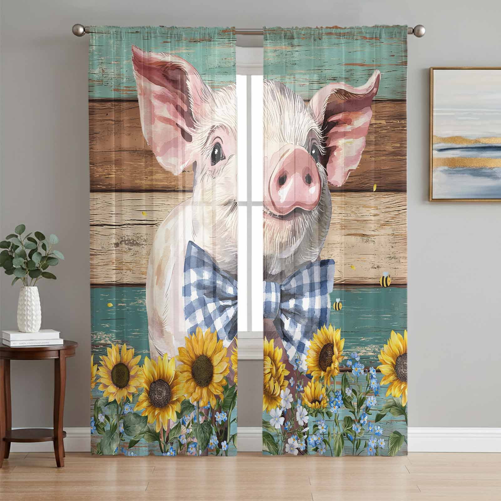 Cute Pig Sheer Curtains 96 Inch Length 2 Panels for Living Room, Yellow ...