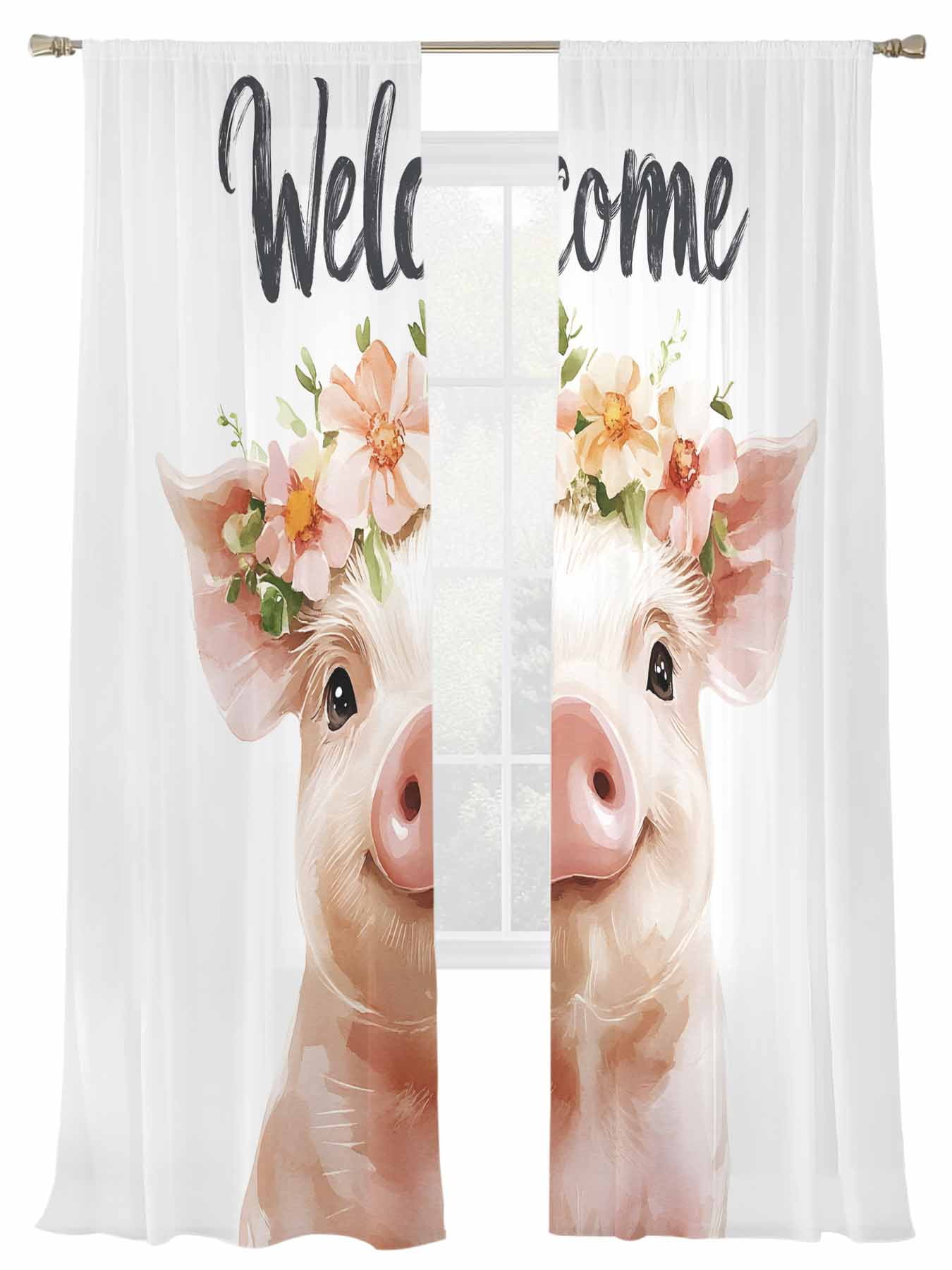 Cute Pig Sheer Curtains for Living Room Bedroom, Welcome Light ...