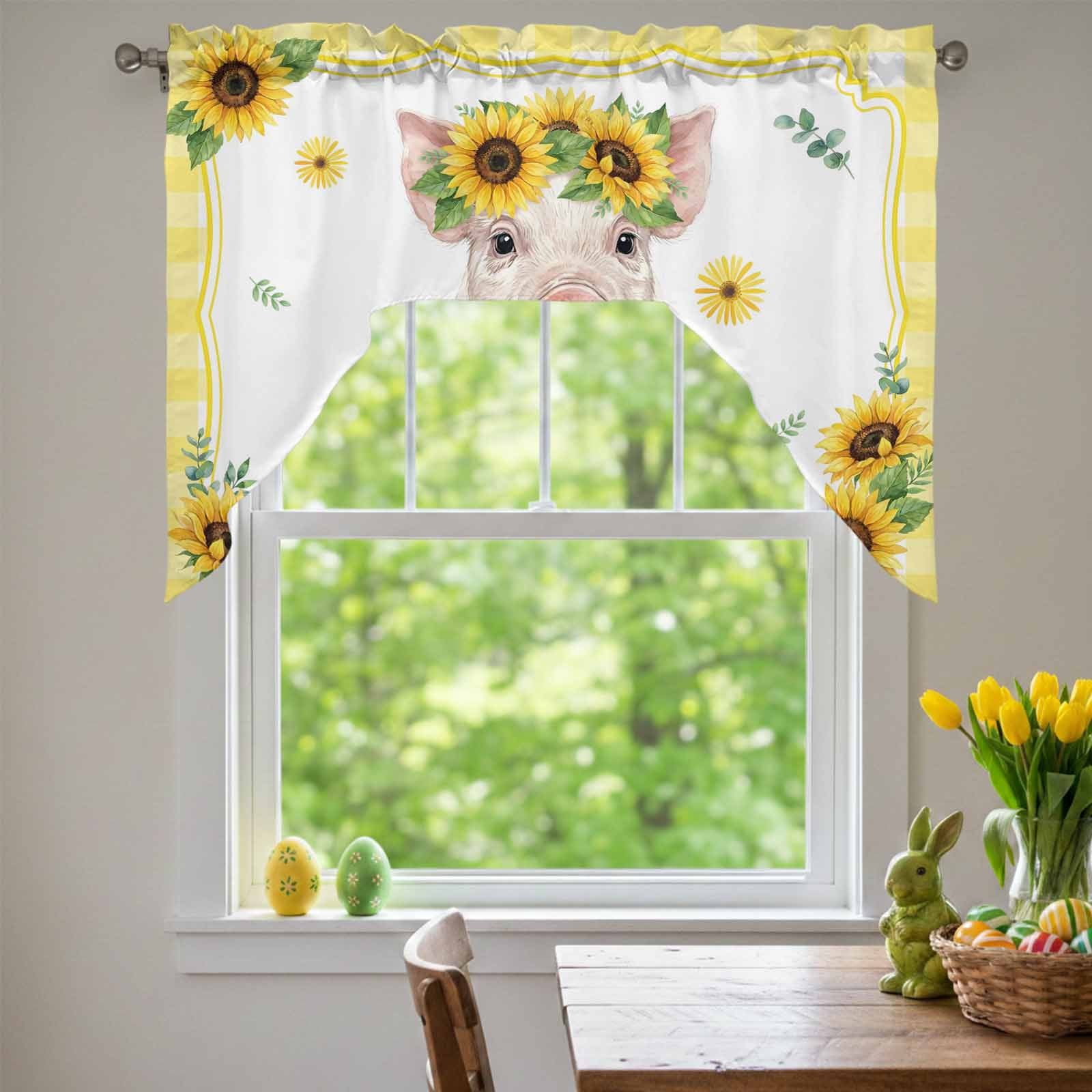 Cute Pig Swag Valances for Kitchen Window, Sunflower Daisy Yellow Plaid ...