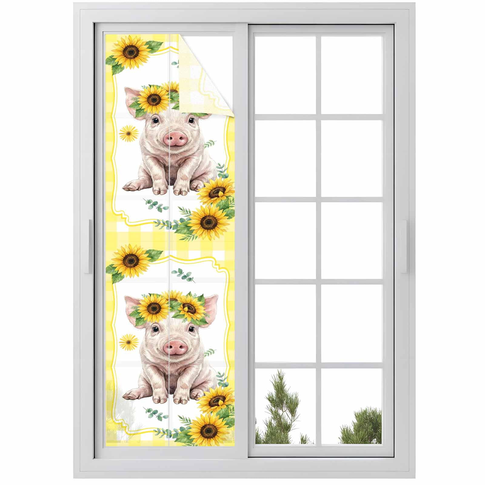 Cute Pig Window Privacy Film, Sunflower Daisy Yellow Plaid Summer Field ...