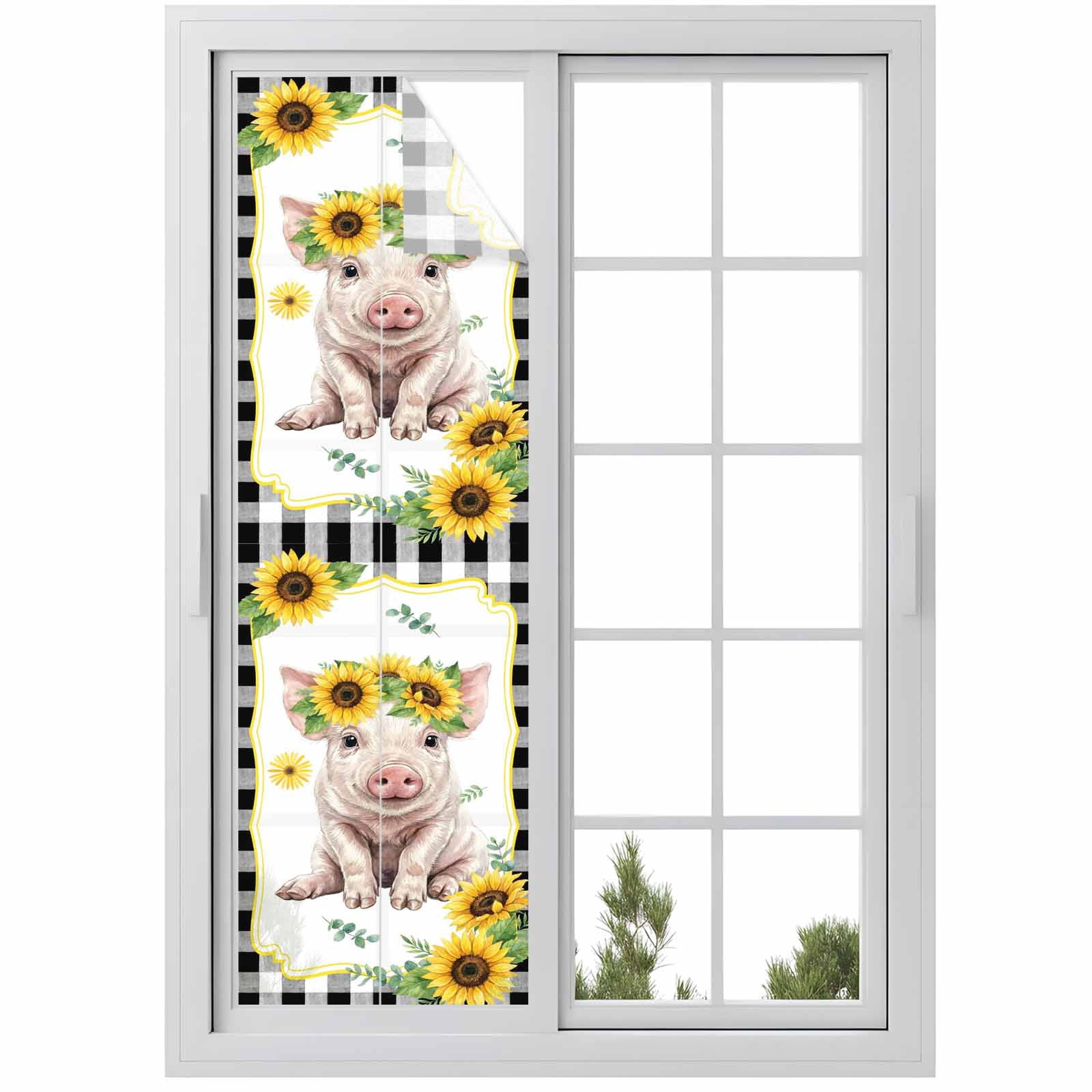 Cute Pig Window Privacy Film, Yellow Sunflower Daisy Black Plaid Summer ...