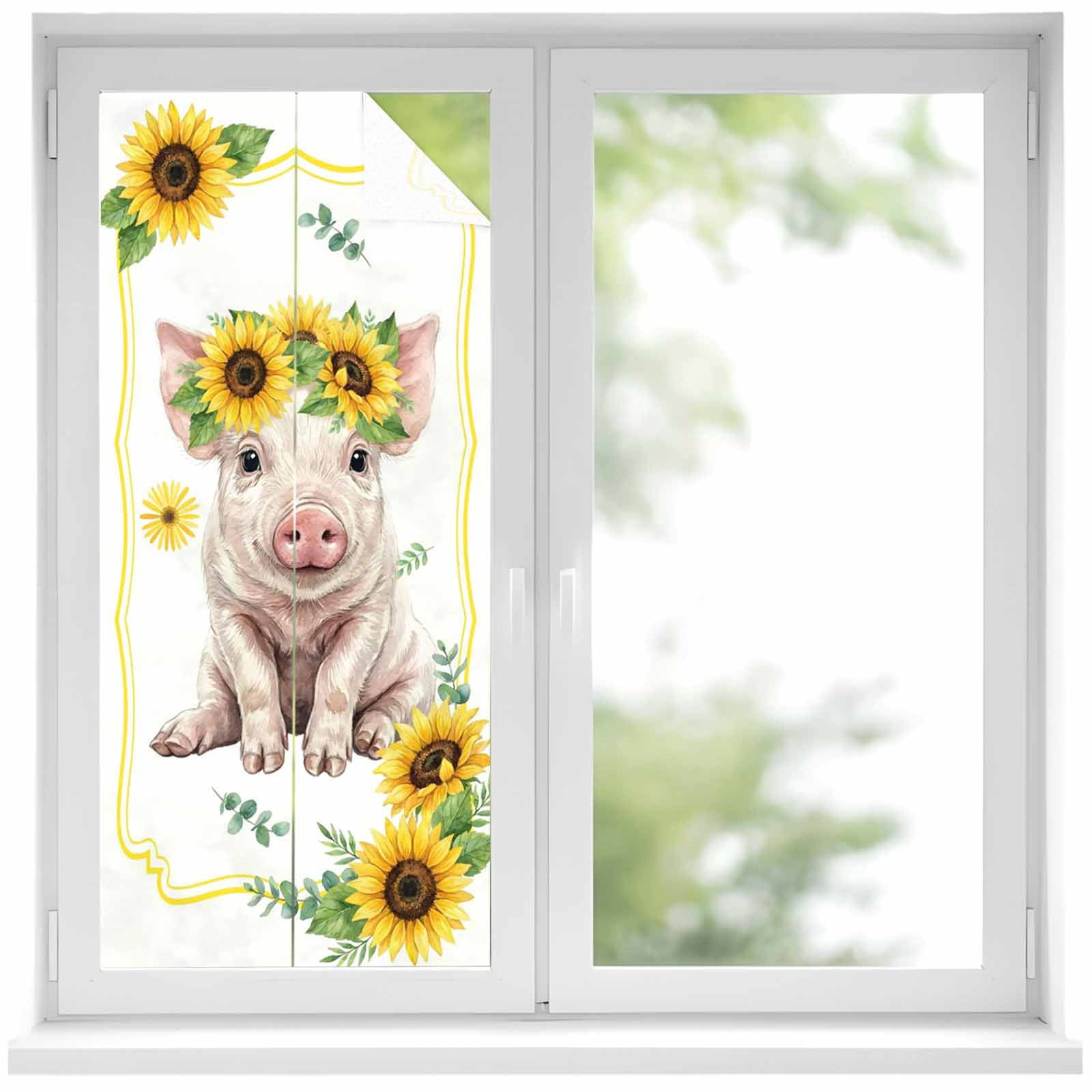 Cute Pig Window Privacy Film, Yellow Sunflower Daisy Green Leaf Farm ...
