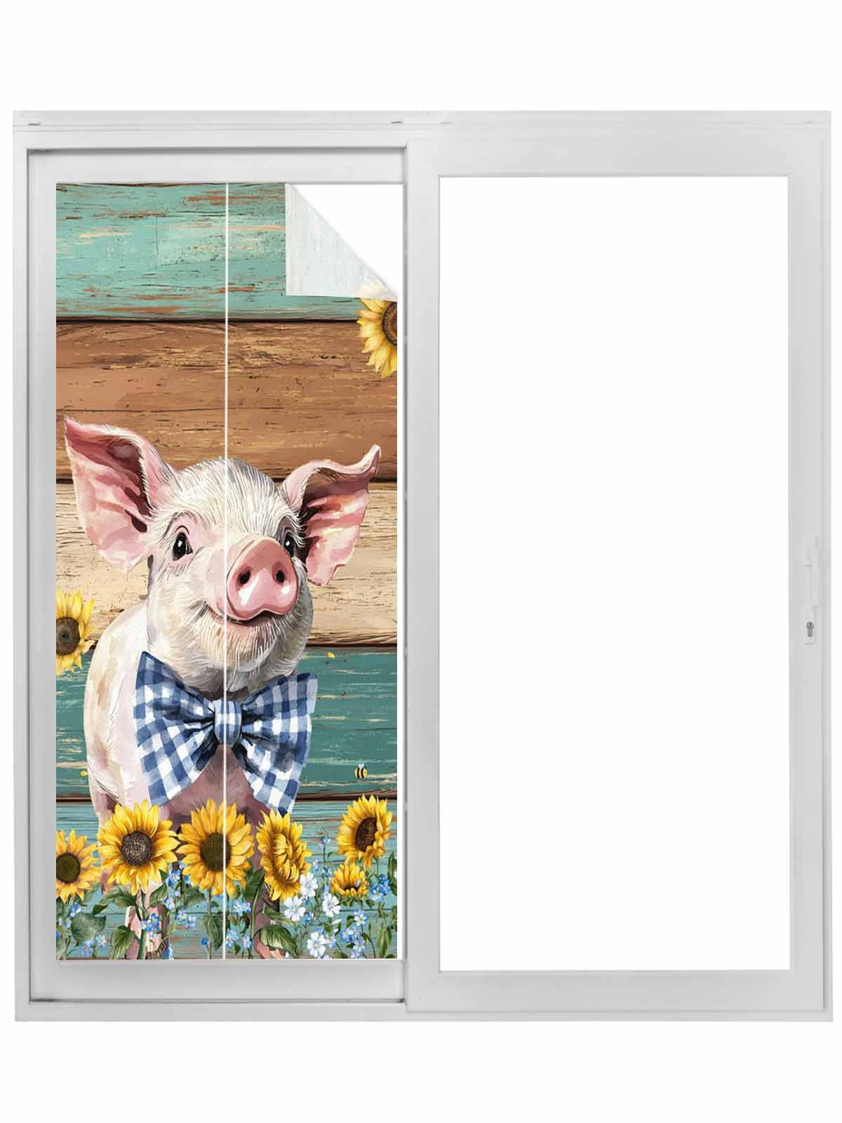 Cute Pig Window Privacy Film, Yellow Sunflowers Teal Brown Wooden ...