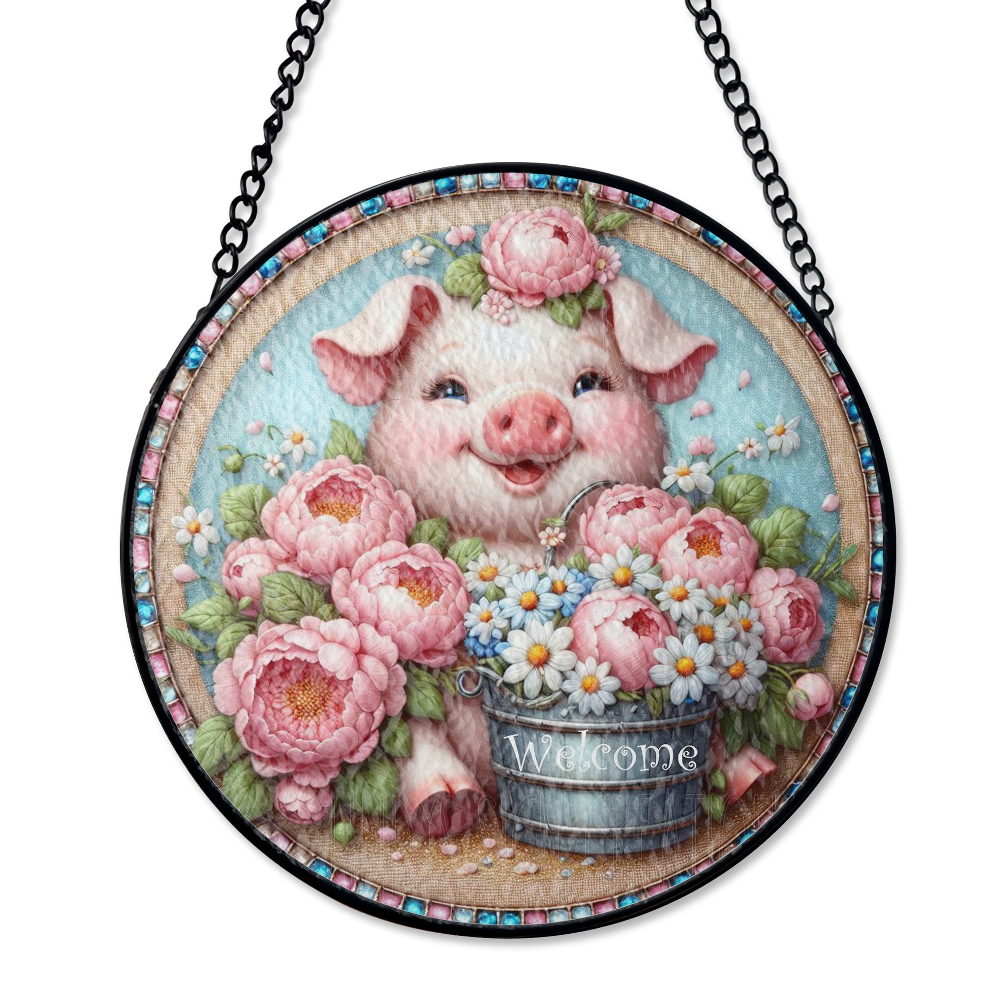 Cute Pig With Pink Peonies Stained Glass Style Suncatcher, UV Printed ...