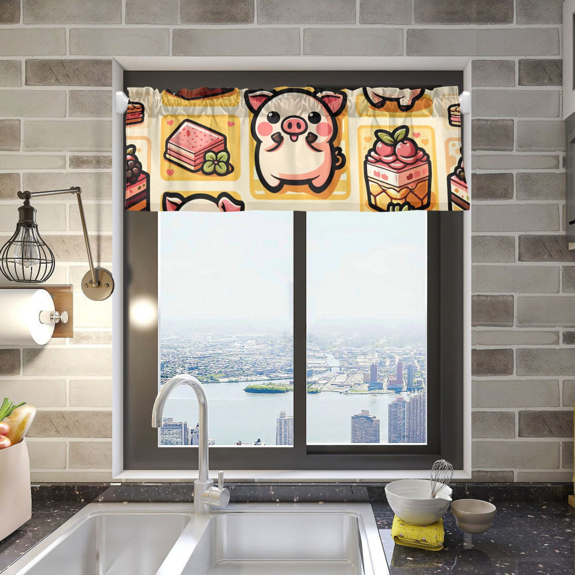 Cute Pig with Cake Valance Curtains 54"x18" Rod Pocket for Kitchen ...