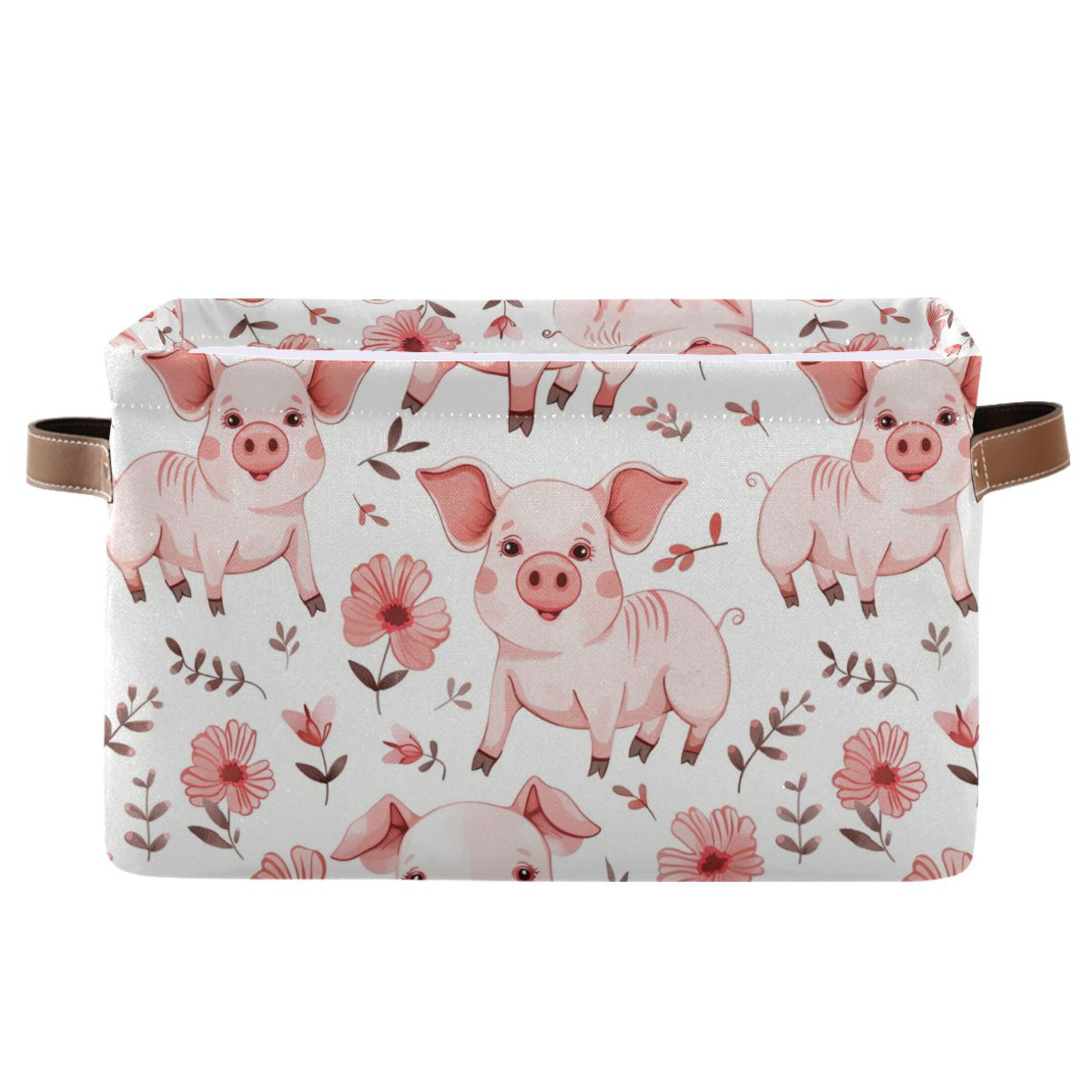 Cute Pig with Flower Storage Bins with Handle Fabric Organizer Basket ...