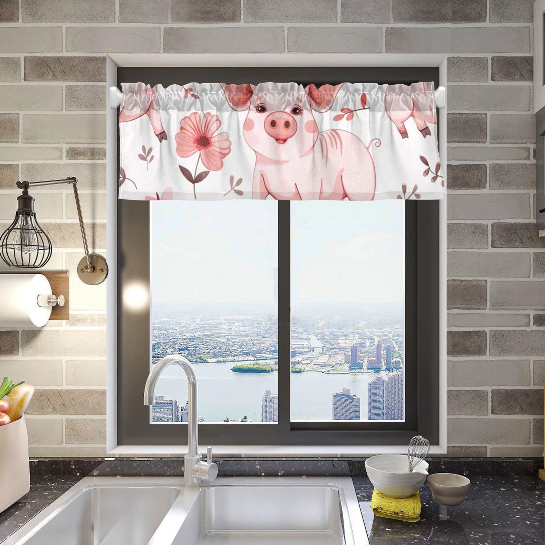 Cute Pig with Flower Valance Curtains 54"x18" Rod Pocket for Kitchen ...