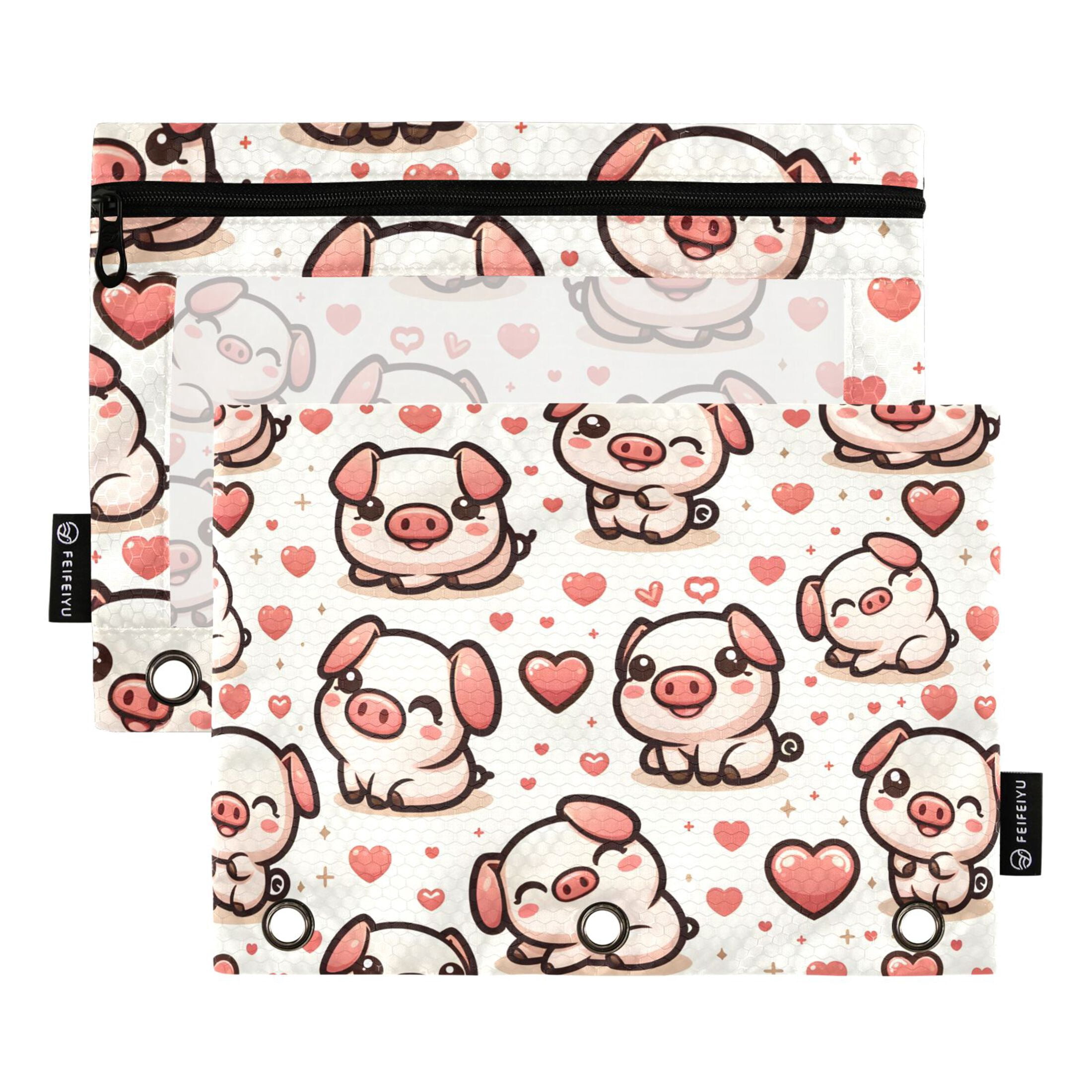 Cute Pig with Hearts 2 Pack Pencil Pouch for 3 Ring Binder Smooth ...