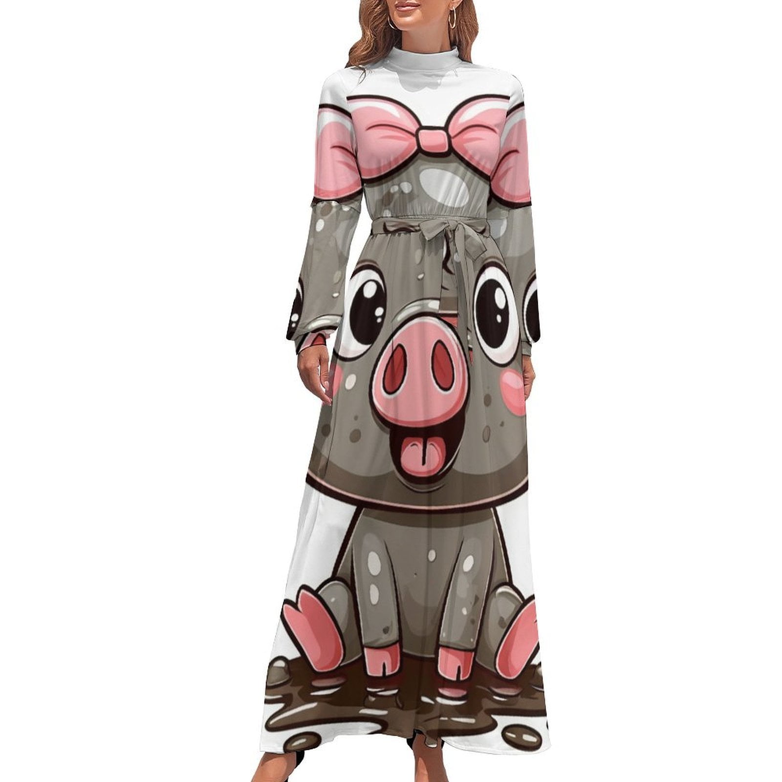 Cute Piggy Mud Play Women's Long Dress Long Sleeves Dress Vintage ...