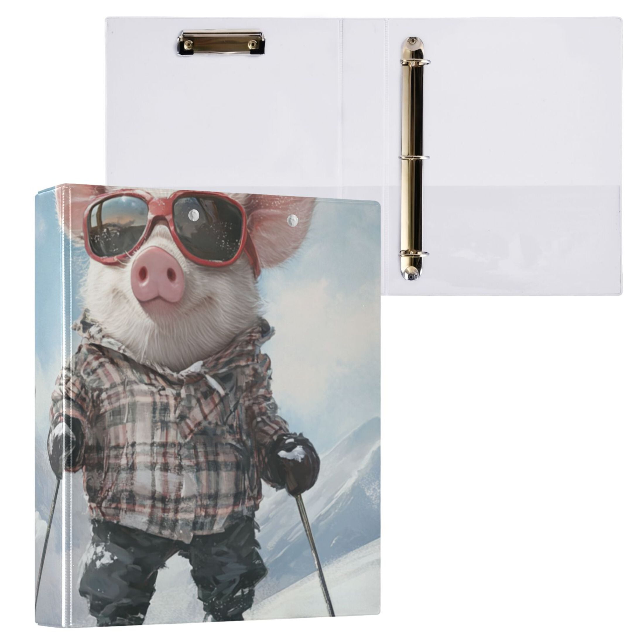 Cute Pigs Skiing Round Ring Binder 3 Rings 1.5" Capacity File Storage ...
