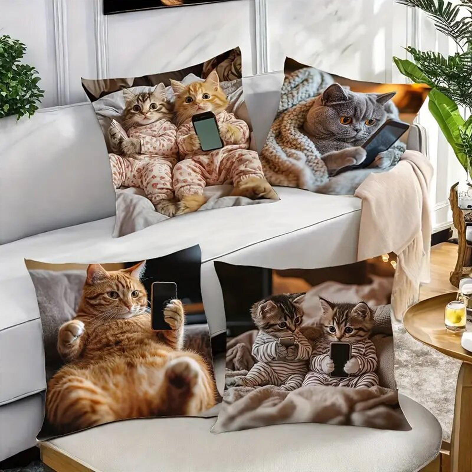 Cute Pillowcase 4Pcs Cats Patterns Pillow Covers 45x45cm Decorative ...