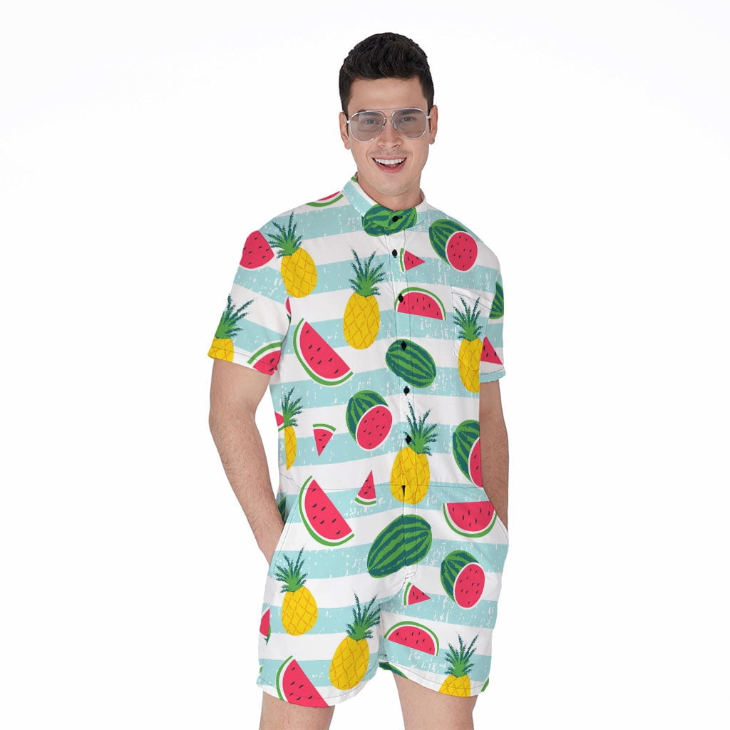 Cute Pineapple Watermelon Pattern Short Sleeve Men'S Rompers Casual ...