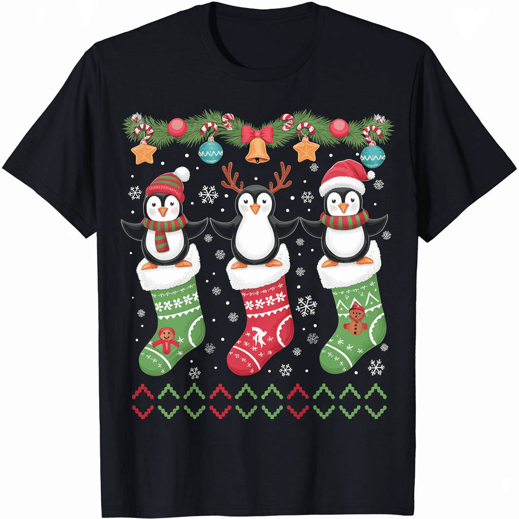 Cute Pinguin In Sock Christmas Santa X-mas Festive Holiday T-Shirt ...