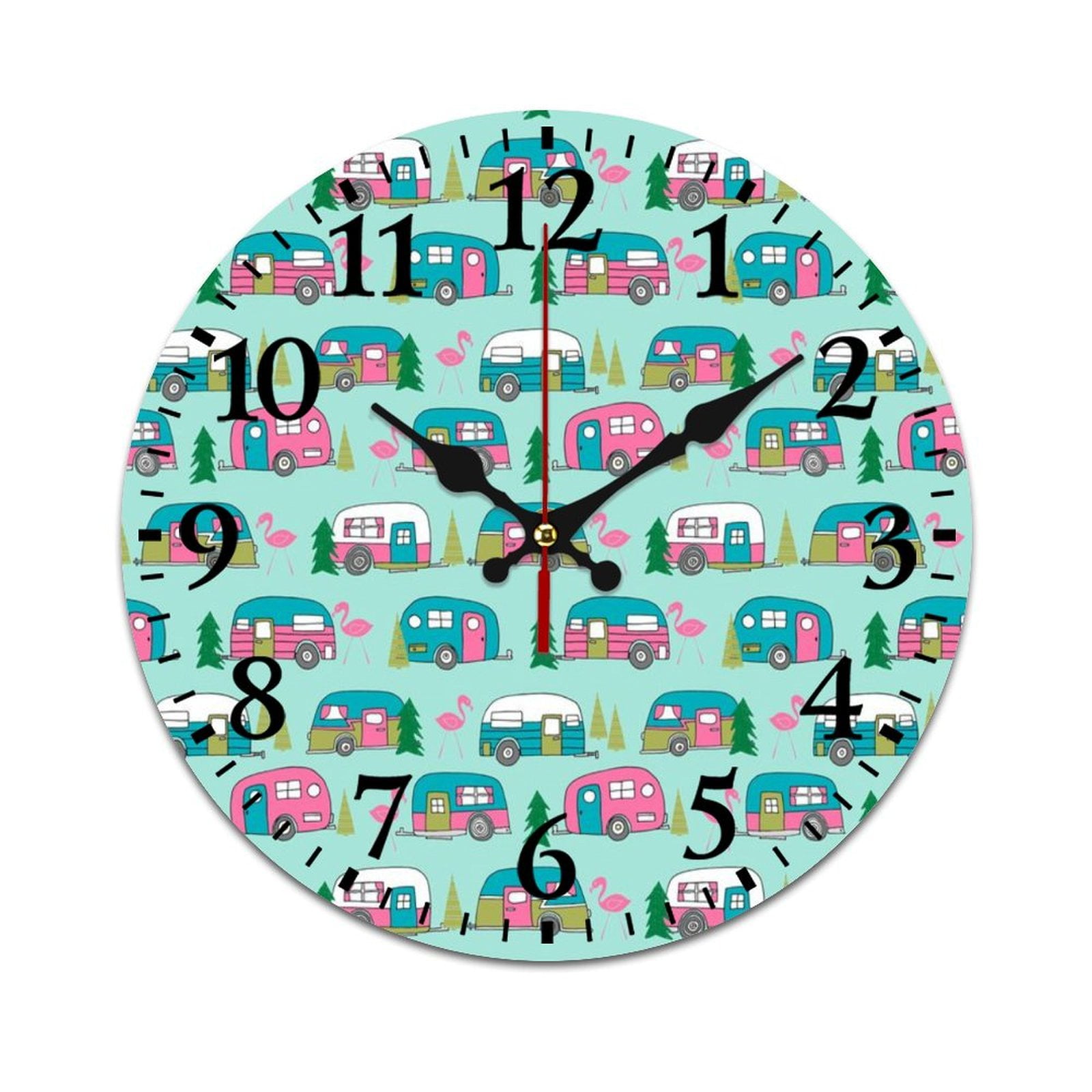 Cute Pink And White Flamingo Retro Road Trip Wall Clock Modern Design ...