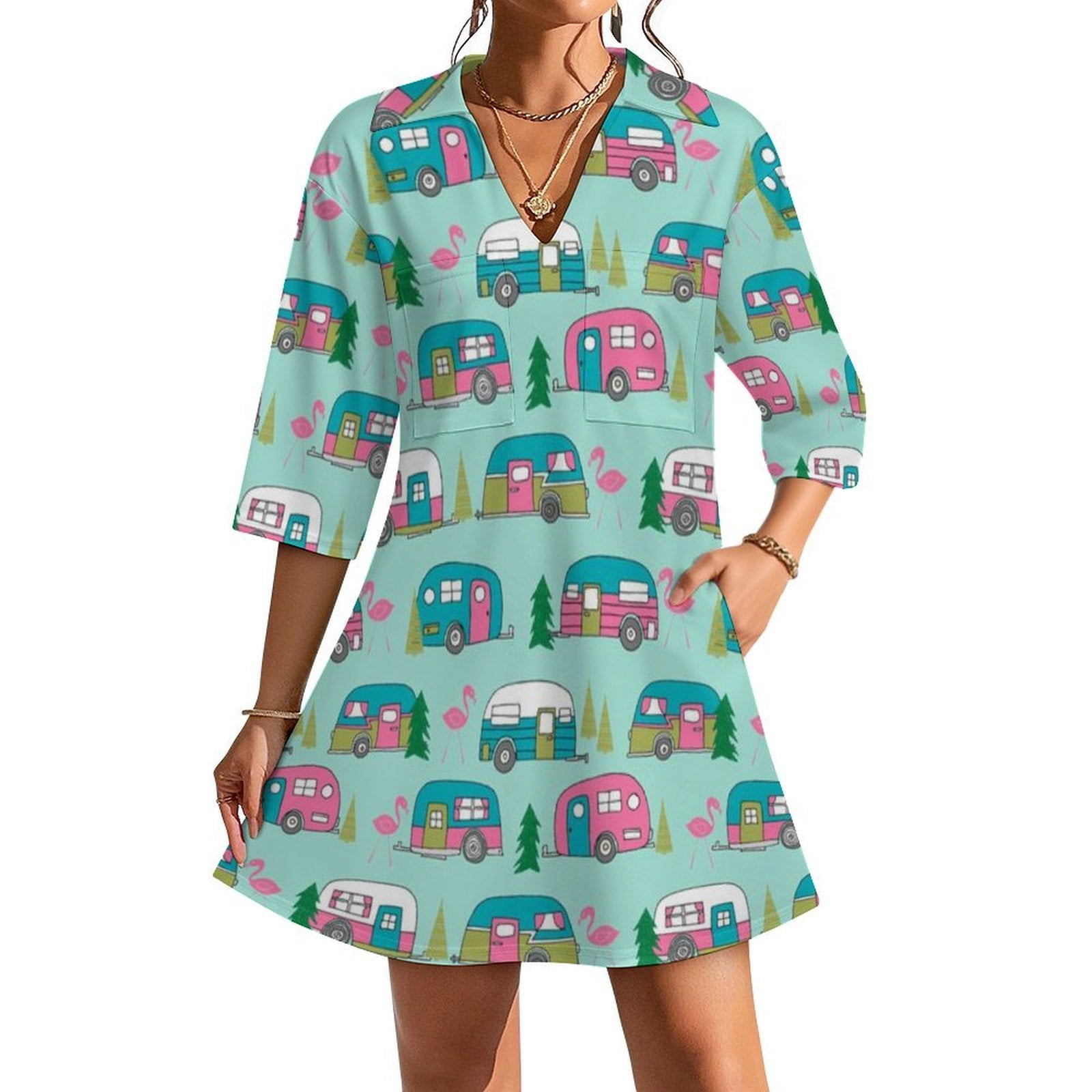 Cute Pink And White Flamingo Retro Road Trip Womens Dress With Pockets ...