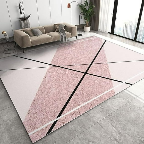 Cute Pink Area Rug, Black Simple Lines Indoor Non Slip Bedroom Rug, Low ...