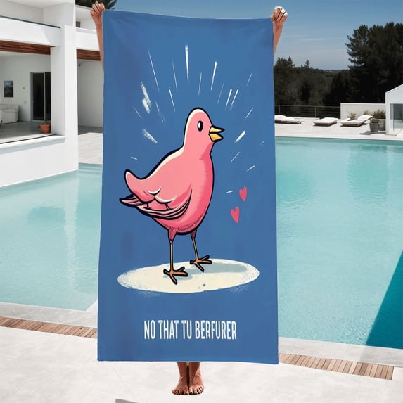 Cute Pink Bird Beach Towel with Yellow Orange Legs Featuring Floating ...