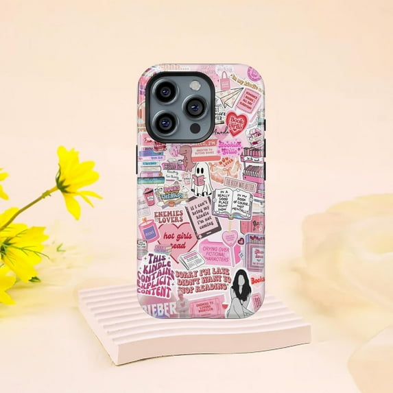 Cute Pink Bookish Collage Reader Aesthetic Stamp Pattern Phone Case for ...