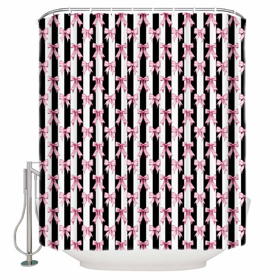 Cute Pink Bow Bathroom Shower Curtains with 12 Hooks Polyester ...