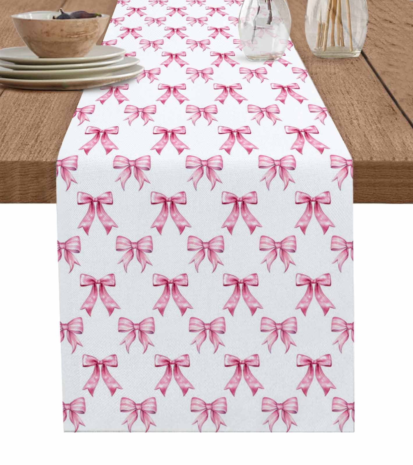 Cute Pink Bow Burlap Cotton Table Runner 14x72 Inches Long, White Sweet ...